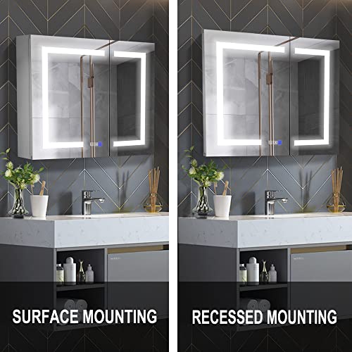 GroGro LED Bathroom Medicine Cabinet with Mirror,30" W x 26" H Lighted Medicine Cabinet,Surface or Recessed Mount,3-Layer Storage Shelves,Medicine Cabinets Can Defog,Dimming,Outlets & USBs