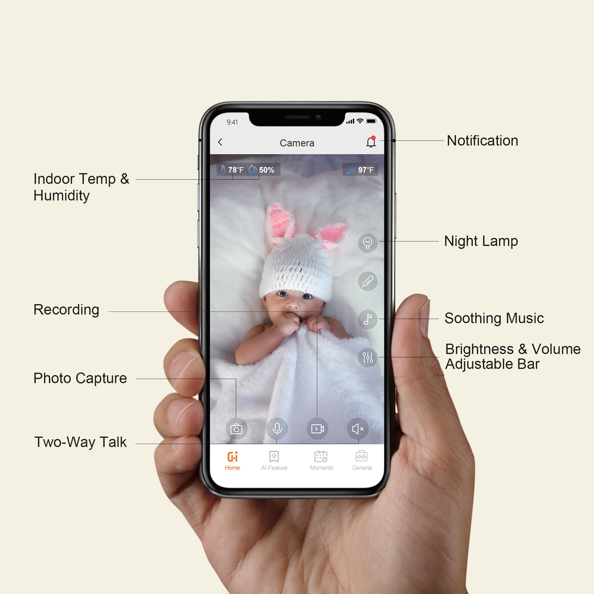 Cheego Smart Baby Monitor & Clip-On Mounting-HD Video Camera and Audio, 2-Way Talk, Nightlight and Night Vision, Room Humidity & Temp, Wake up & Crying Detection Works with Alexa