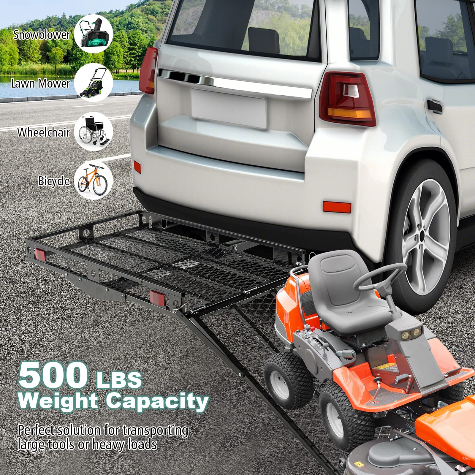 Byroce Mobility Scooter Carrier, Foldable Wheelchair Hitch-Mounted Carrier, Heavy Duty Strong Hitch Cargo Carrier with Ramp for 500 Lbs Capacity