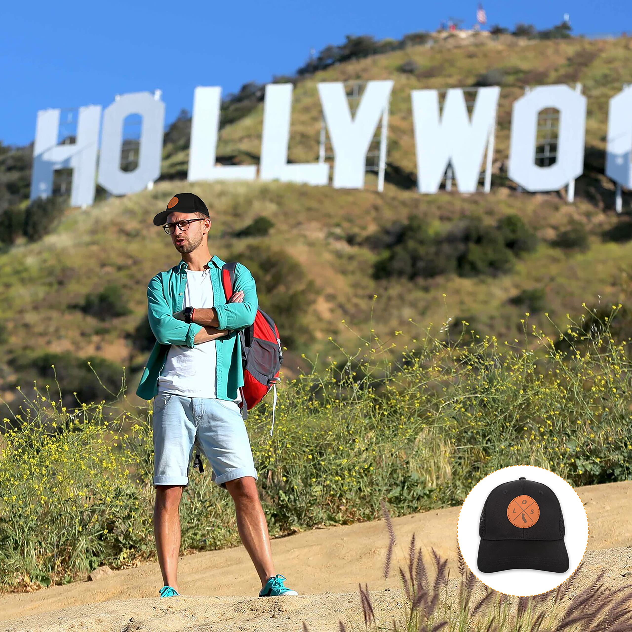 Cokhzug Los Angeles Hat Leather Patch Trucker Hat for Men Women-Snapback Hats for Men Women- Black Adjustable Mesh Outdoor Baseball Cap