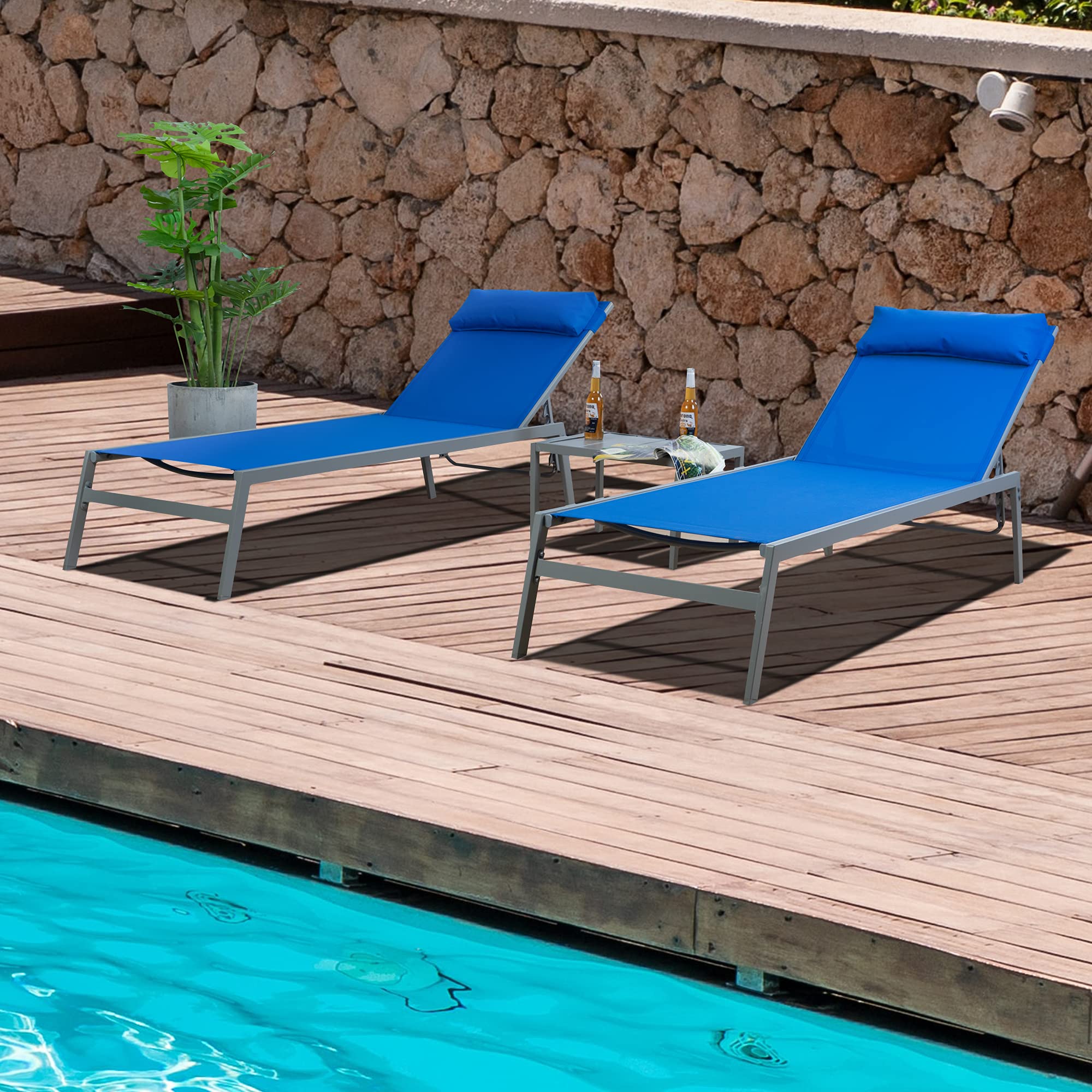 Kozyard Wilson 3 Pieces Textilene Chaise Lounge Set with Side Table Outdoor,Adjustable Back & Pillow for Yard,Garden,Sunbathing (2 Pack) (Blue W/Table)