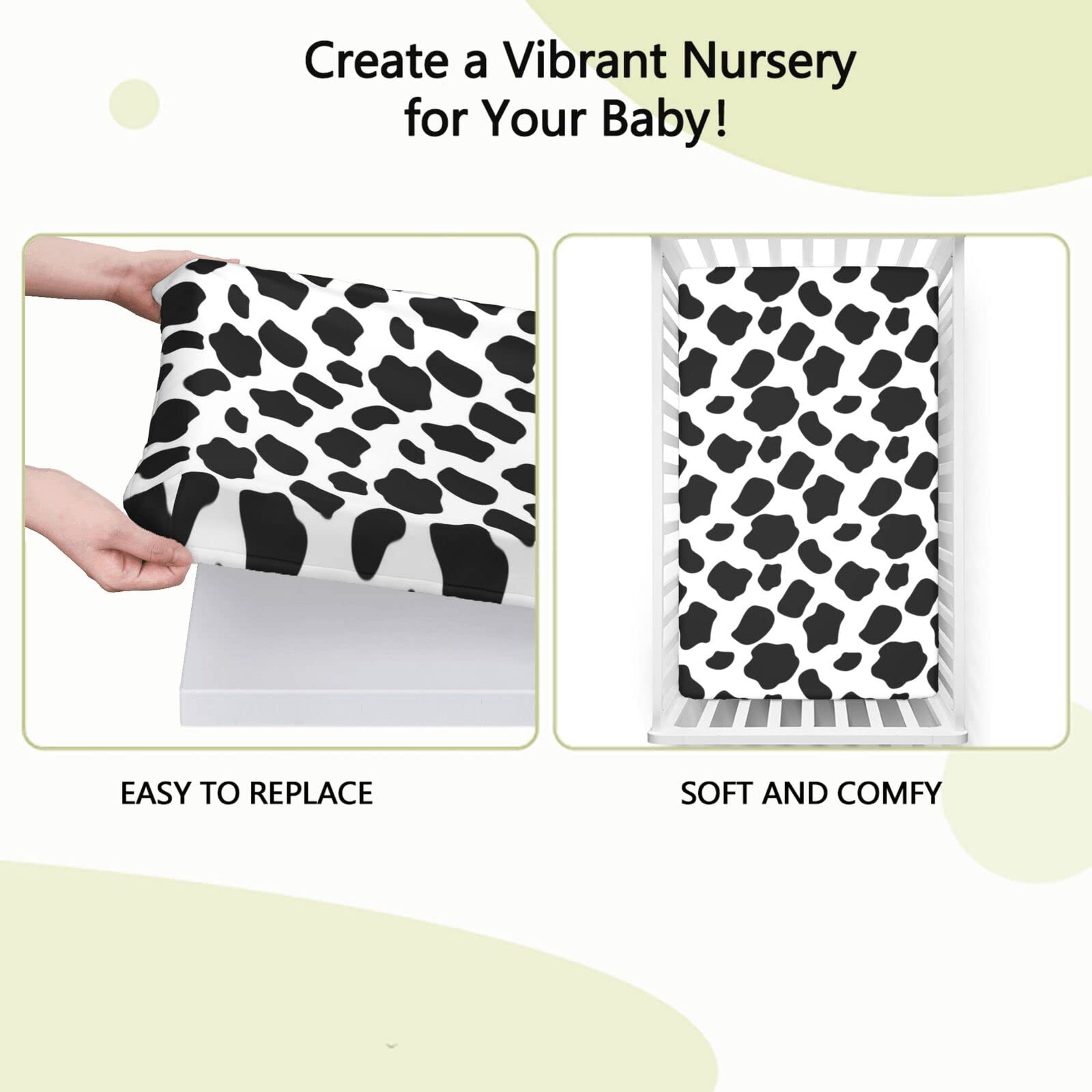 Cow Print Themed Fitted Mini Crib Sheets,Portable Mini Crib Sheets Soft & Stretchy Polyester Fitted Crib Sheet -Crib Mattress Sheet or Toddler Bed Sheet,24β x38β,White Black