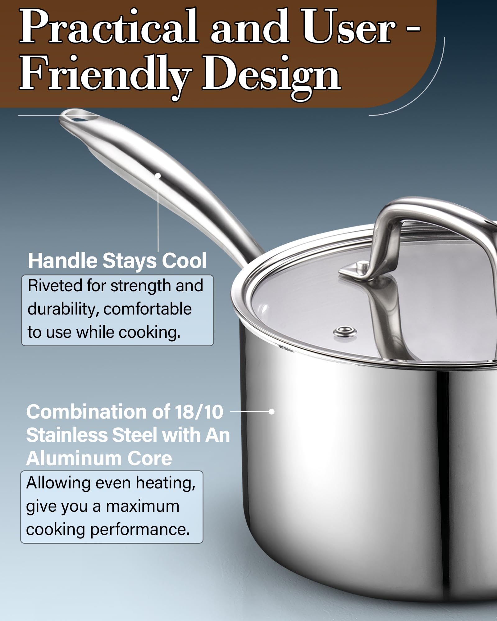 Cook N Home Stainless Steel Saucepan 3 Quart, Tri-Ply Full Clad Sauce Pan with Glass Lid, Silver