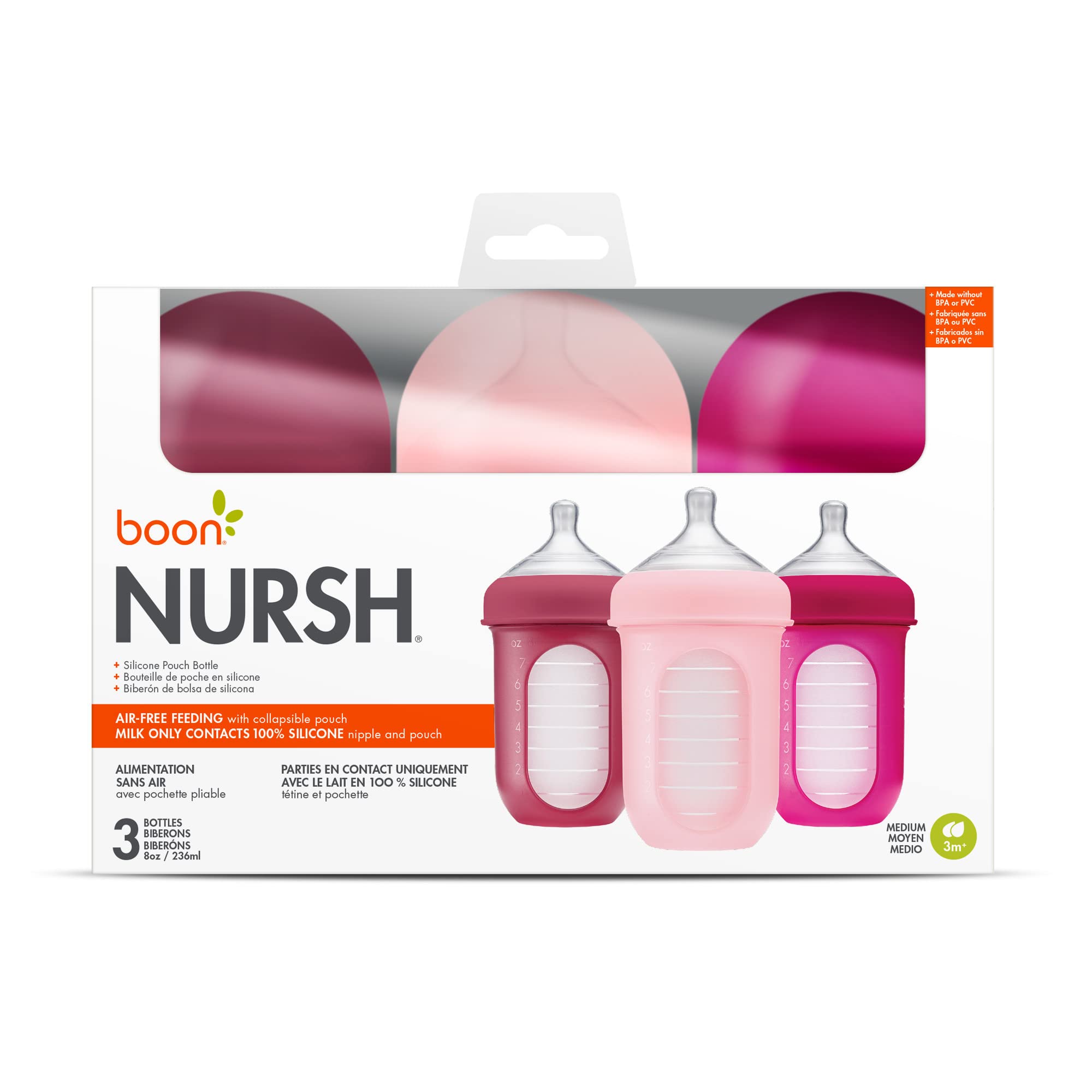 Boon Nursh Reusable Silicone Baby Bottles with Collapsible Silicone Pouch Design - Everyday Baby Essentials - Stage 2 Medium Flow Baby Bottles - Pink - 8 Oz - 3 Count