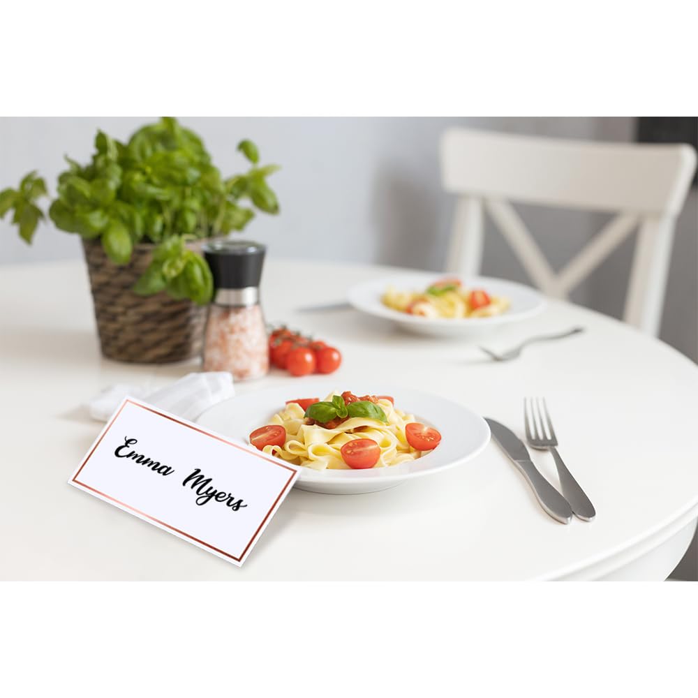 EXQUISS 100 Pcs Place Cards 4”x2” with Rose Gold Foil Border for Food Buffet Party, Name Place Cards for Table Setting, Wedding Reception, Escort Cards Name Cards for Birthday Dinner