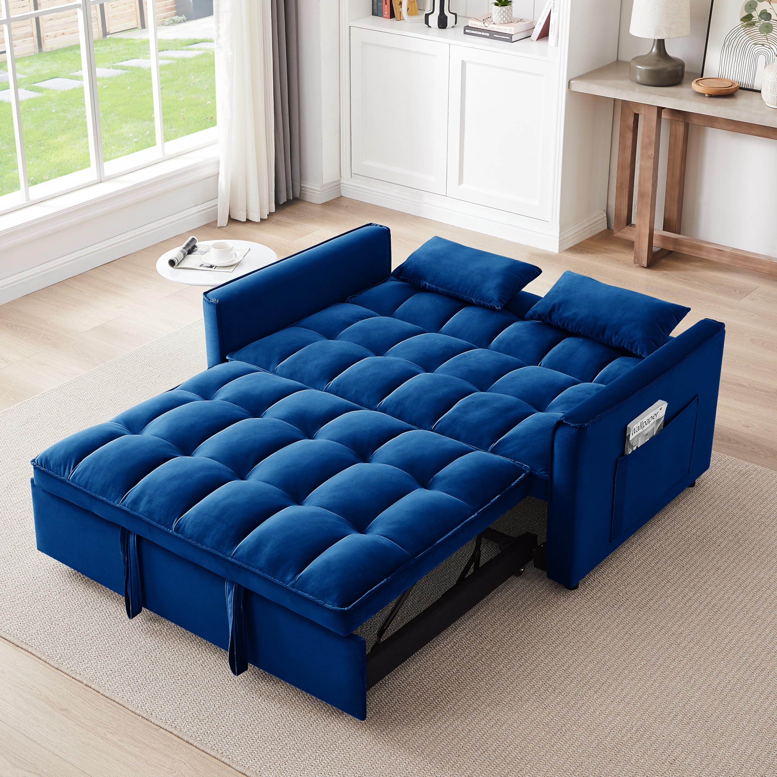 DESIGNER97 Modern 55.5" Pull Out Sleep Sofa Bed Velvet 2 Seater Loveseats Sofa Couch with Side Pockets, Adjsutable Backrest and Lumbar Pillows for Apartment Office Living Room Beige