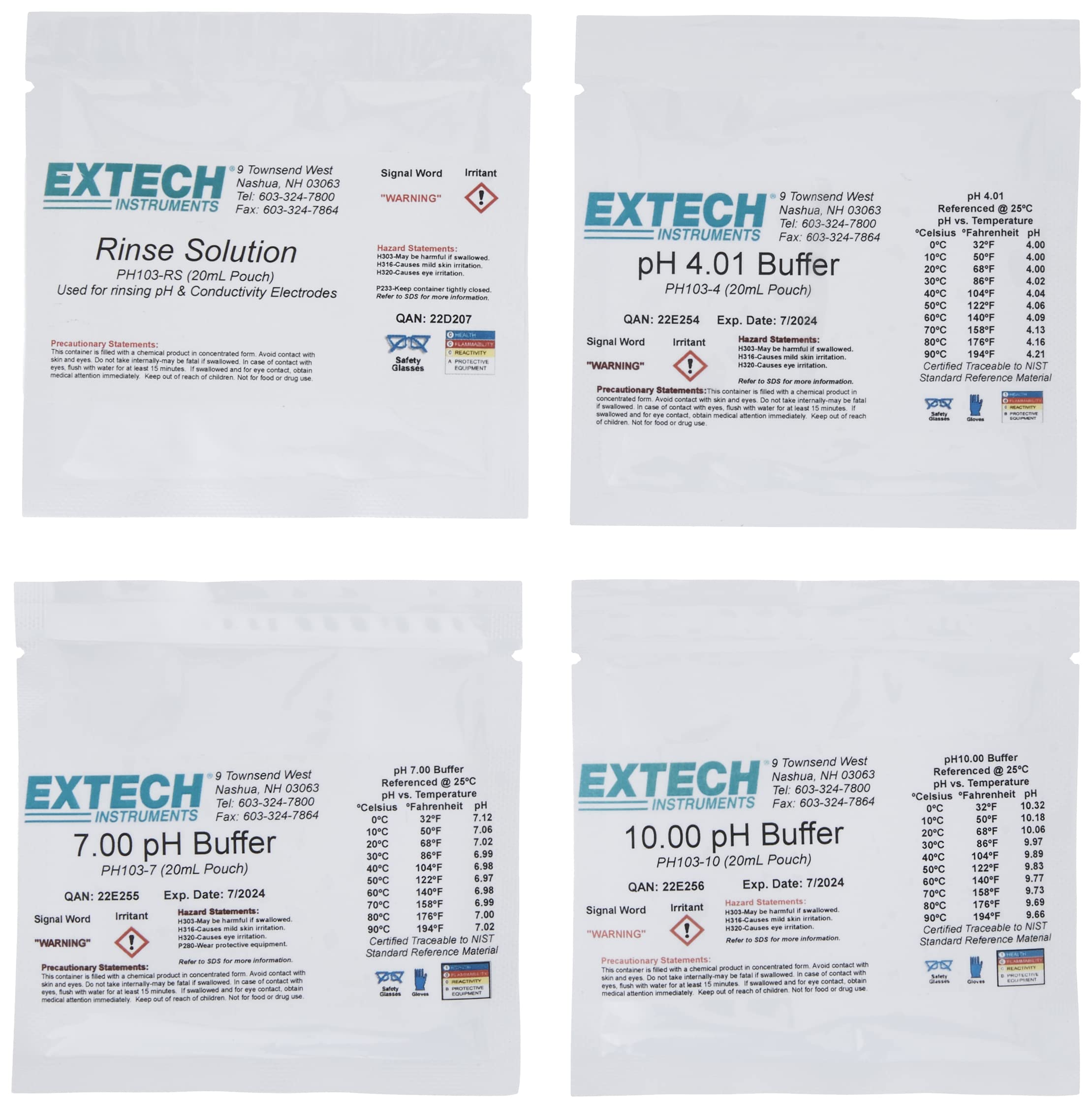 Extech PH103 Tripak Buffer Pouches 4, 7 and 10 pH with Rinse Solution Kit