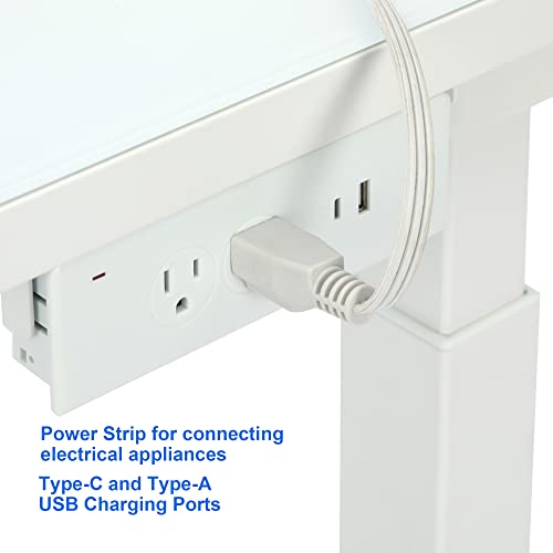 FARRAY Glass Standing Desk with Wireless Charging, 45 x 23 Inch Dual Motor Electric Height Adjustable Desk with Drawer, Touch Control Panel, Power Strip & USB Ports, White Sit Stand Desk