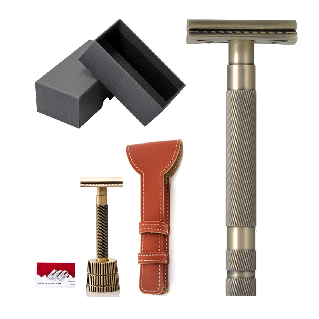 DanNuo Double Edge Safety Razor Long Handle with a Razor Stand Leather Case and 10pcs Replaceable Blades Safety Razor Kit for Men Classic Metal Manual Shavers, Gift Set Silver