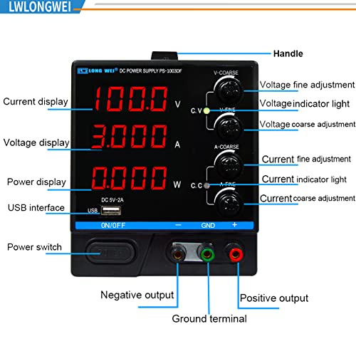 Lwlongwei Lab DC Power Supply Variable, 100V 3A Adjustable Switching Regulated DC Bench Linear Power Supply with 4-Digits LED Power Display, Coarse and Fine Adjustments with Alligator Leads Black
