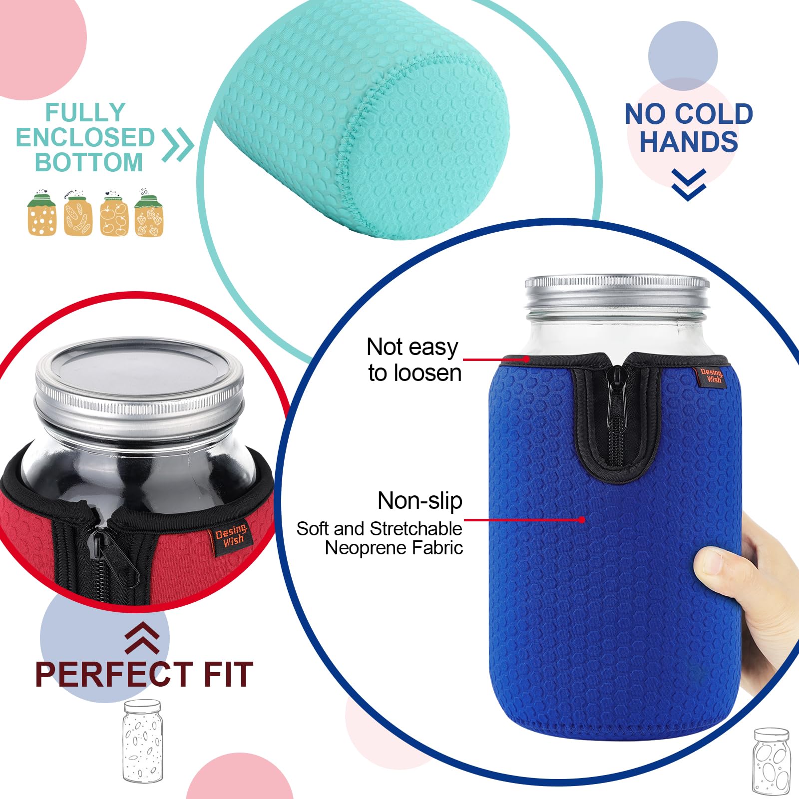 Desing Wish 64 oz Wide Mouth Mason Jar Neoprene Sleeve, 64oz Non-slip Cozy Insulated Glass Jars Protector Holder Sleeves 4.3 x 7.5 Inches - 4 Pack (Black/Red/Blue/Cyan)