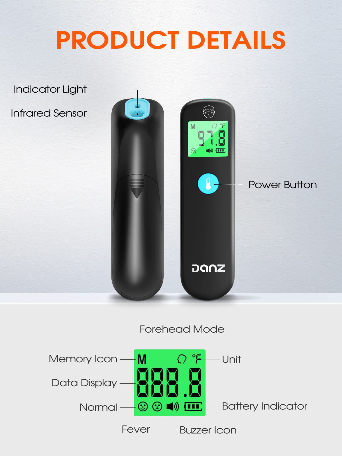 Danz No Touch Thermometer for Adults and Kids, Forehead Digital Baby Thermometer with 3-Color Backlight, Infrared Thermometer 1 Second Fast Reading, Fever Alarm