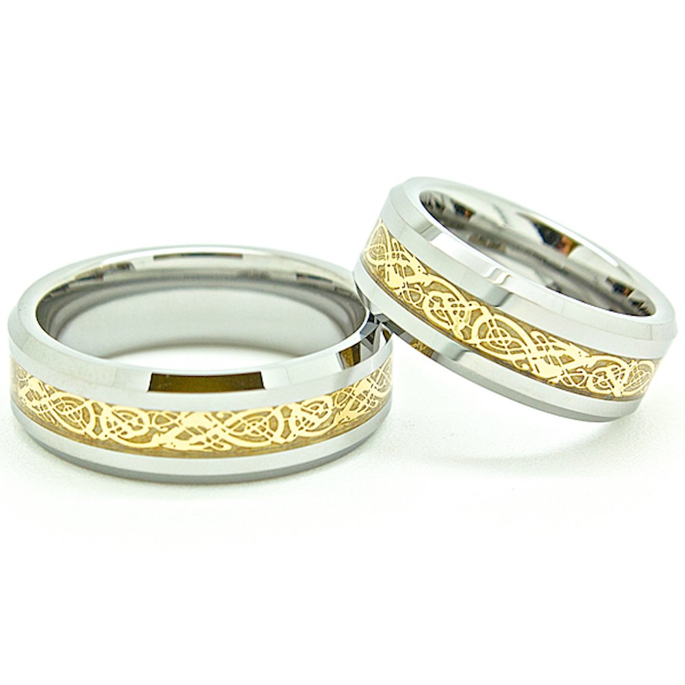 Blue Chip Unlimited Matching 7mm Tungsten Golden Colored Celtic Dragon Inlay Wedding Rings (Check Listing for Sizes)