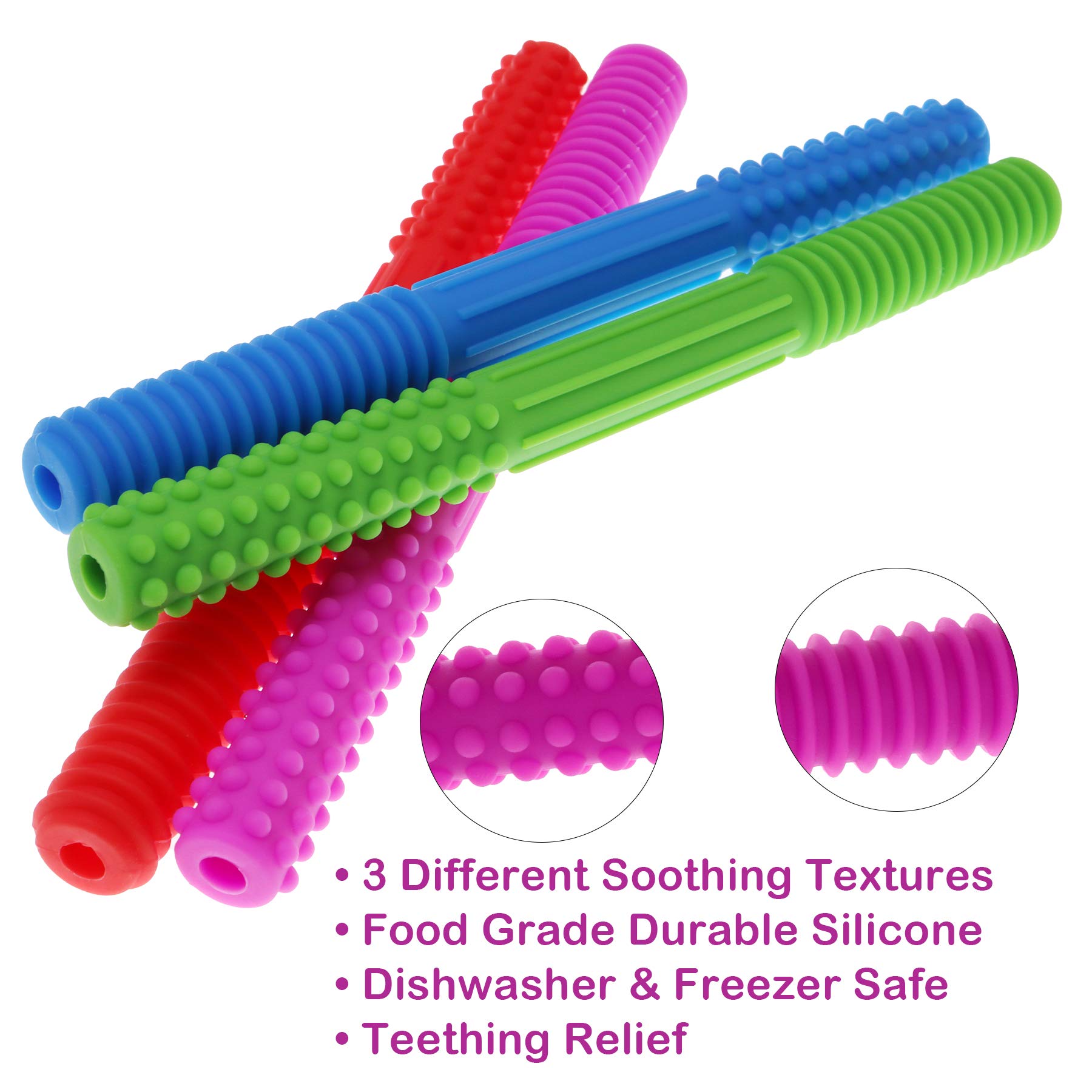 Munchewy Sensory Teething Tubes(4 Pack), Soft Silicone Hollow Teether Chew Toy for Babies, Toddlers, Kids, Boys, Girls with Autism, ADHD, SPD, Biting, Teething, Sensory Needs(Blue,Green,Purple,Red)
