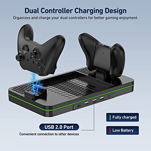 Cooling Fan for Xbox Series X/S with RGB Light Strip, Dual Controller Charging System for Xbox with 2 X 1100mAh Battery, HUIJUTCHEN 3 Usb Ports Vertical Cooling Stand for Xbox Series X/S Accessories