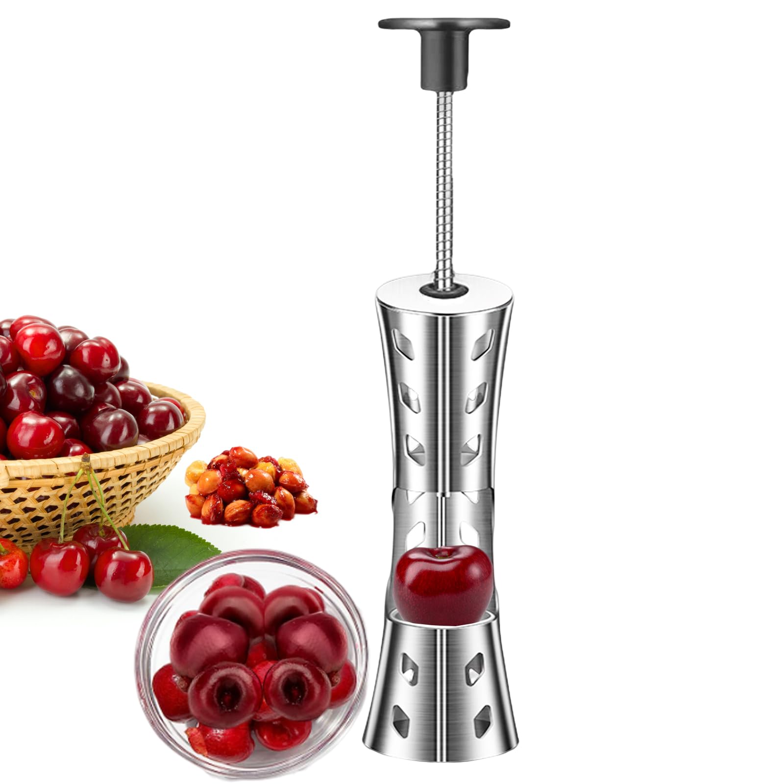 Cherry Pitter Tool - 304 Stainless Steel Pitting Tool, Portable Cherries Corer Stoner Seed Tool, Cherry Seed Remover Kitchen Tool, Fruit Pit Remover for Cherry Jam,Press Type (Black-Silver)
