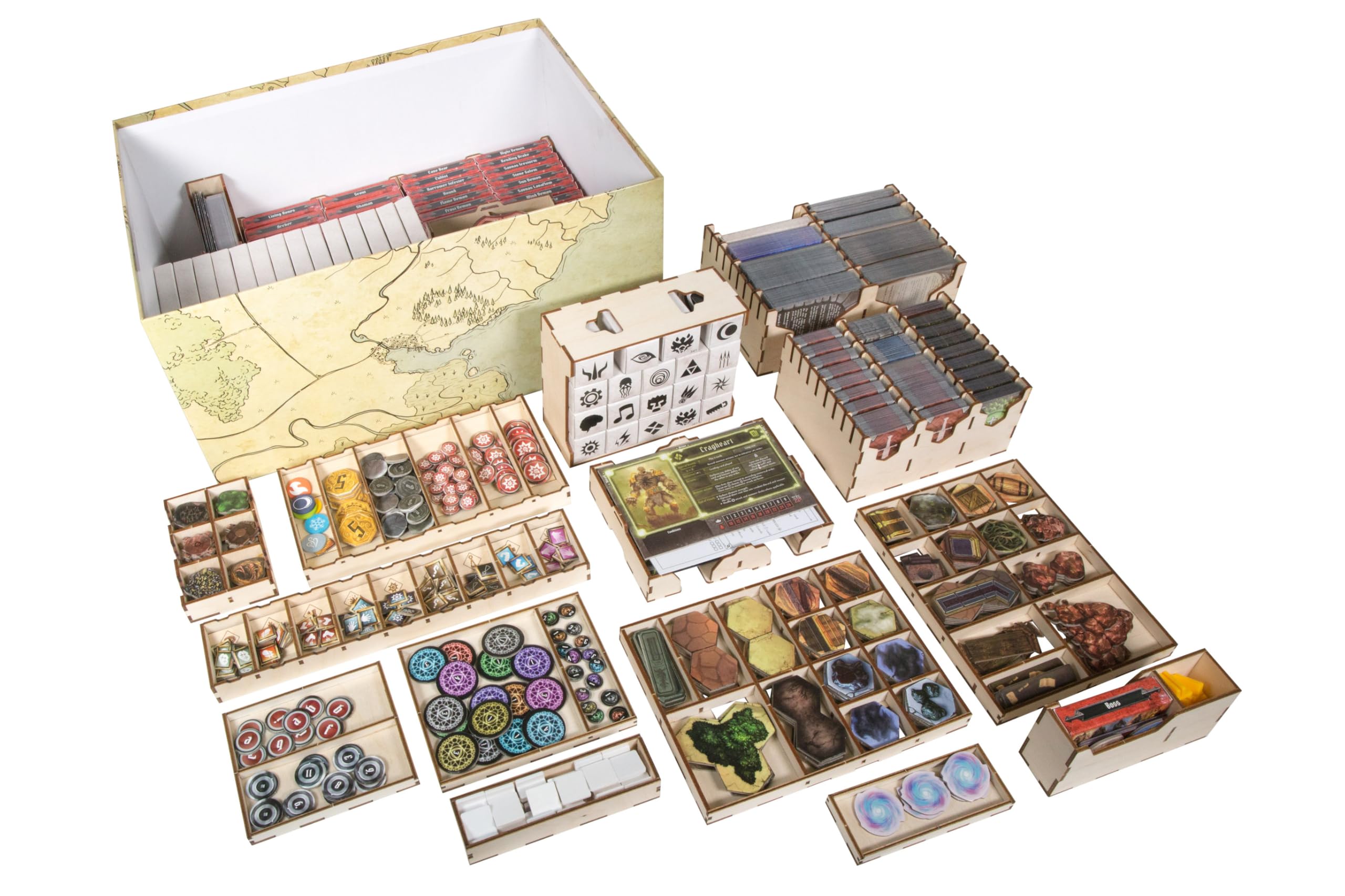 The Broken Token Game Organizer Compatible with Gloomhaven - Wooden Game Organizing Box with Multiple Trays and Dividers