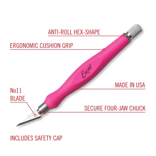 Excel Blades Fit Grip Knife, Ultra Sharp Knife with Carbon Steel Angled Edge Blade & Contoured Rubberized Grip, Made in the USA, Light Duty Cutting Tool for Precision Cutting & Trimming, Pink, 3 Pack