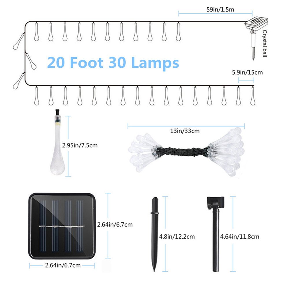 SEYEON Solar String Lights Water Drop Decorative Lights String Waterproof Outdoor Garden Fairy Lights for Patio, Yard, Home, Parties 2-Pack (Warm White)