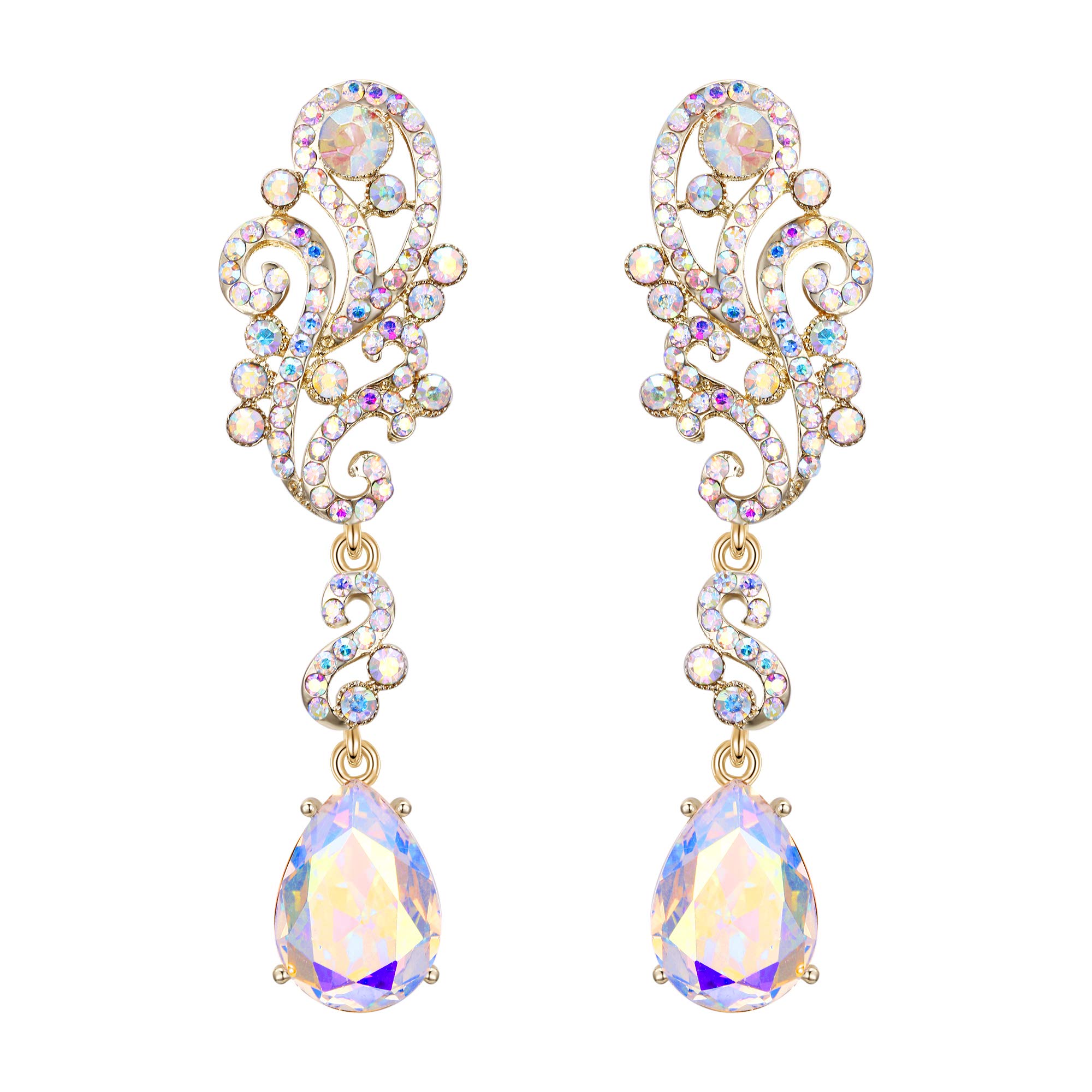 BriLove Wedding Bridal Dangle Earrings for Women Crystal Floral Scroll Chandelier Earrings Iridescent AB Gold-Toned