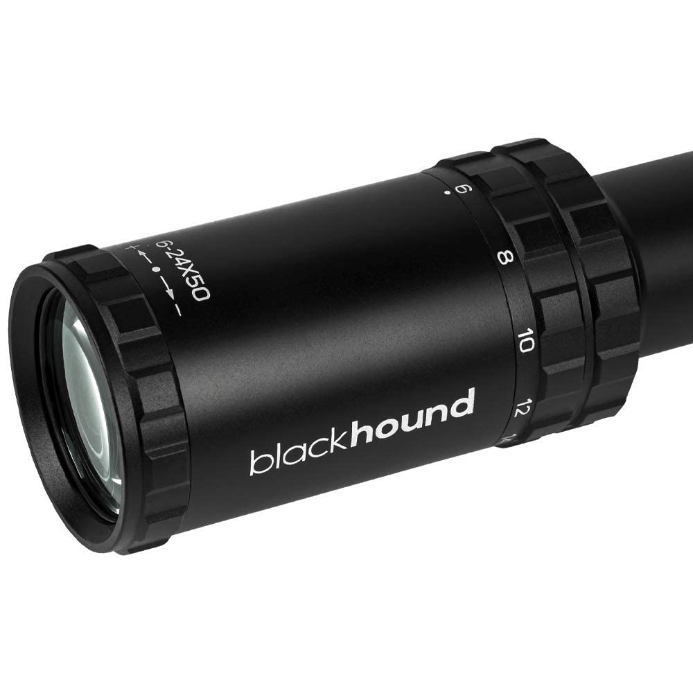 Blackhound Optics Genesis 6-24x50 FFP MOA, Illuminated 1/4 MOA Reticle, Zero Stop and Parallax with 30mm Rings, 50mm Hood and Mounting Bubble Levels