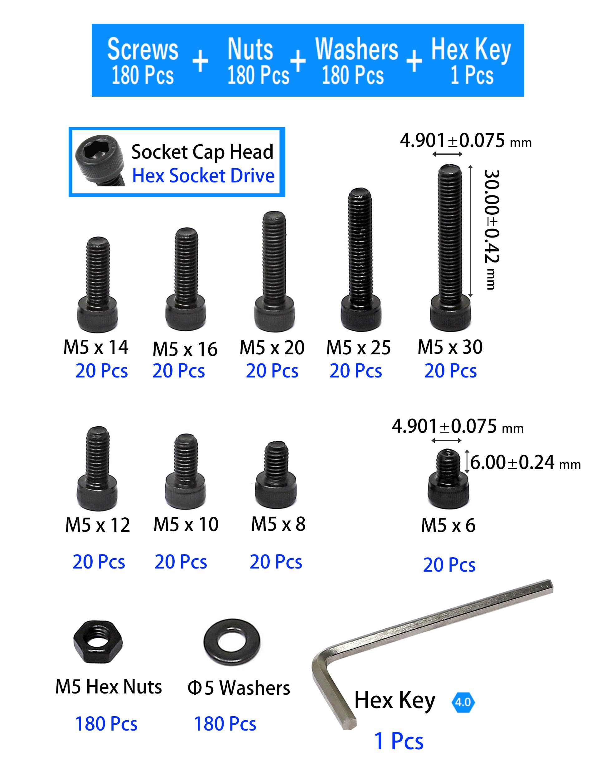 iexcell 540 Pcs M5 x 6/8/10/12/14/16/20/25/30 Alloy Steel 12.9 Grade Hex Socket Head Cap Screws Bolts Hex Nuts Washers Assortment Kit, Black Oxide Finish