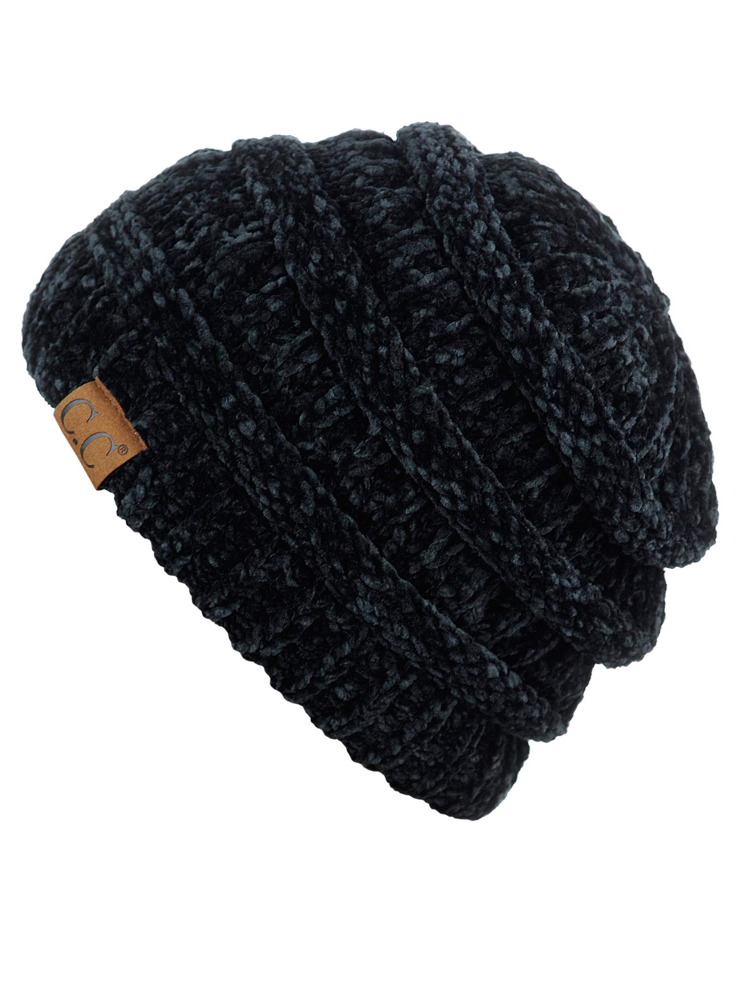 C.C Women's Chenille Soft Warm Thick Knit Beanie Cap Hat-Black