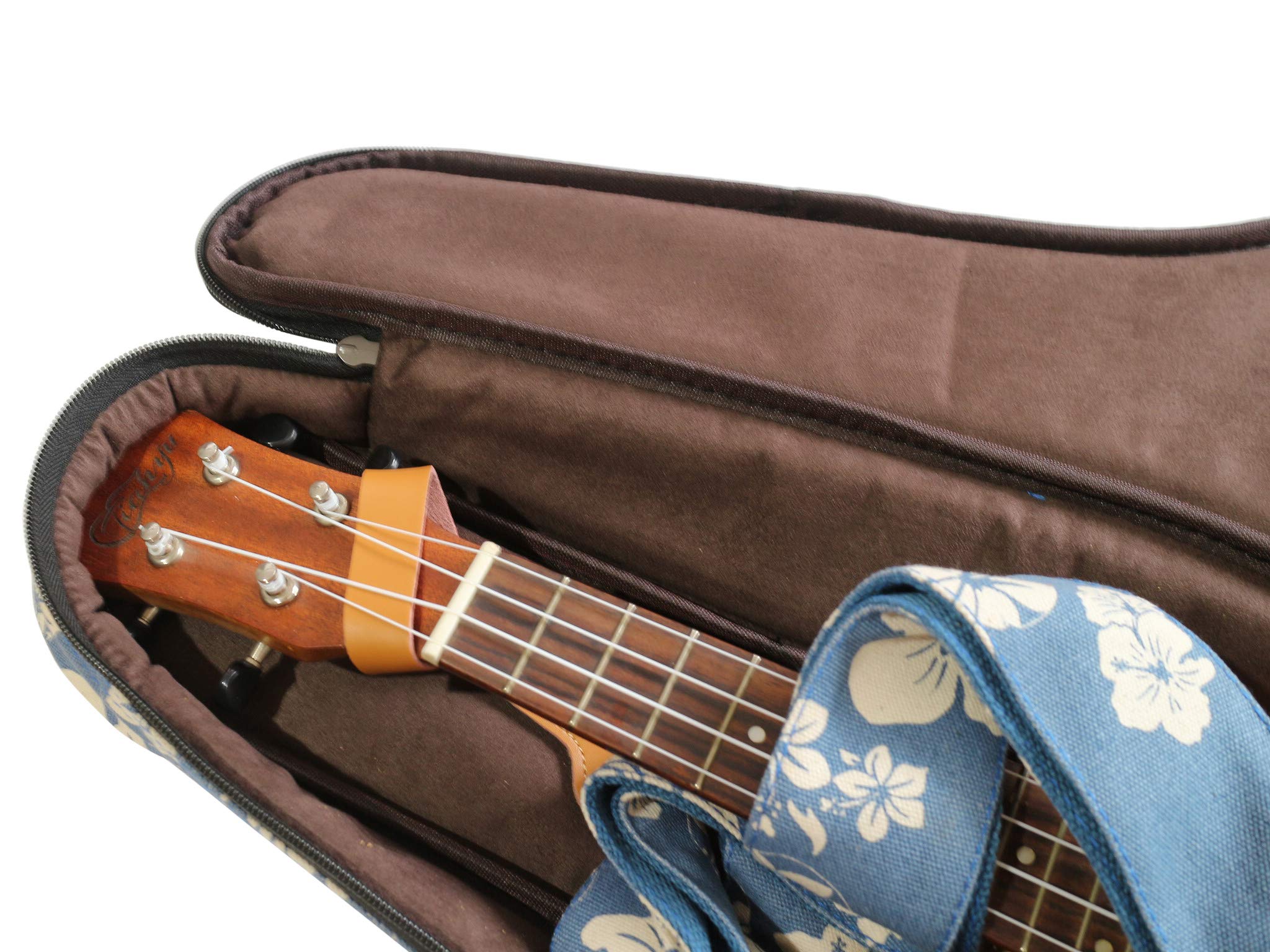 MUSIC FIRST Original Design 0.5" Thick Padded Hawaii Style “Blue and White Plumeria” Canvas Ukulele Case, Ukulele Bag, Ukulele Cover,(Fit for 26~27 inch Tenor Ukulele)