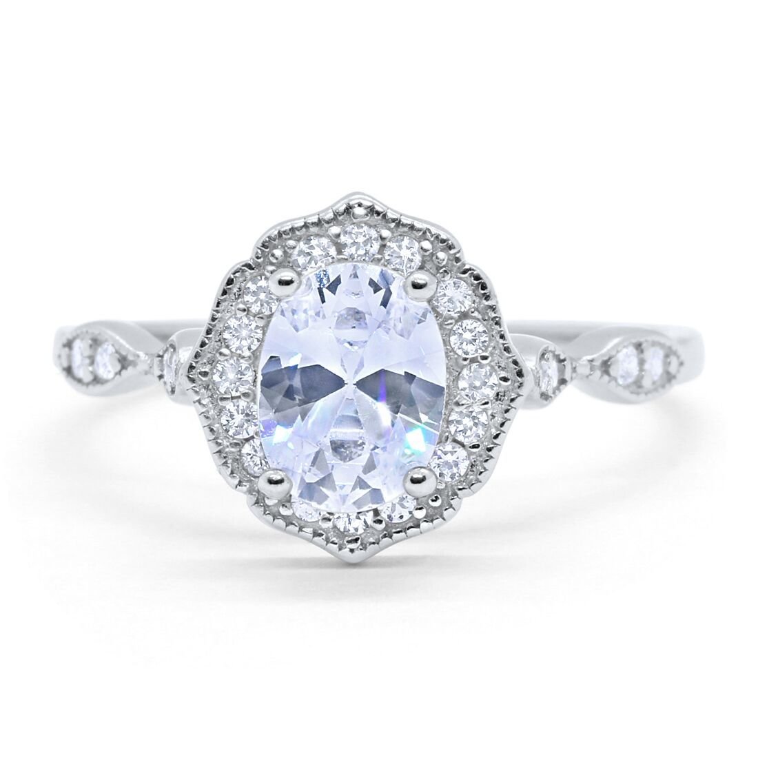 Blue Apple Co. Simulated Cubic Zirconia Size-5 Art Deco Antique Style Wedding Engagement Ring Oval Round CZ 925 Sterling Silver