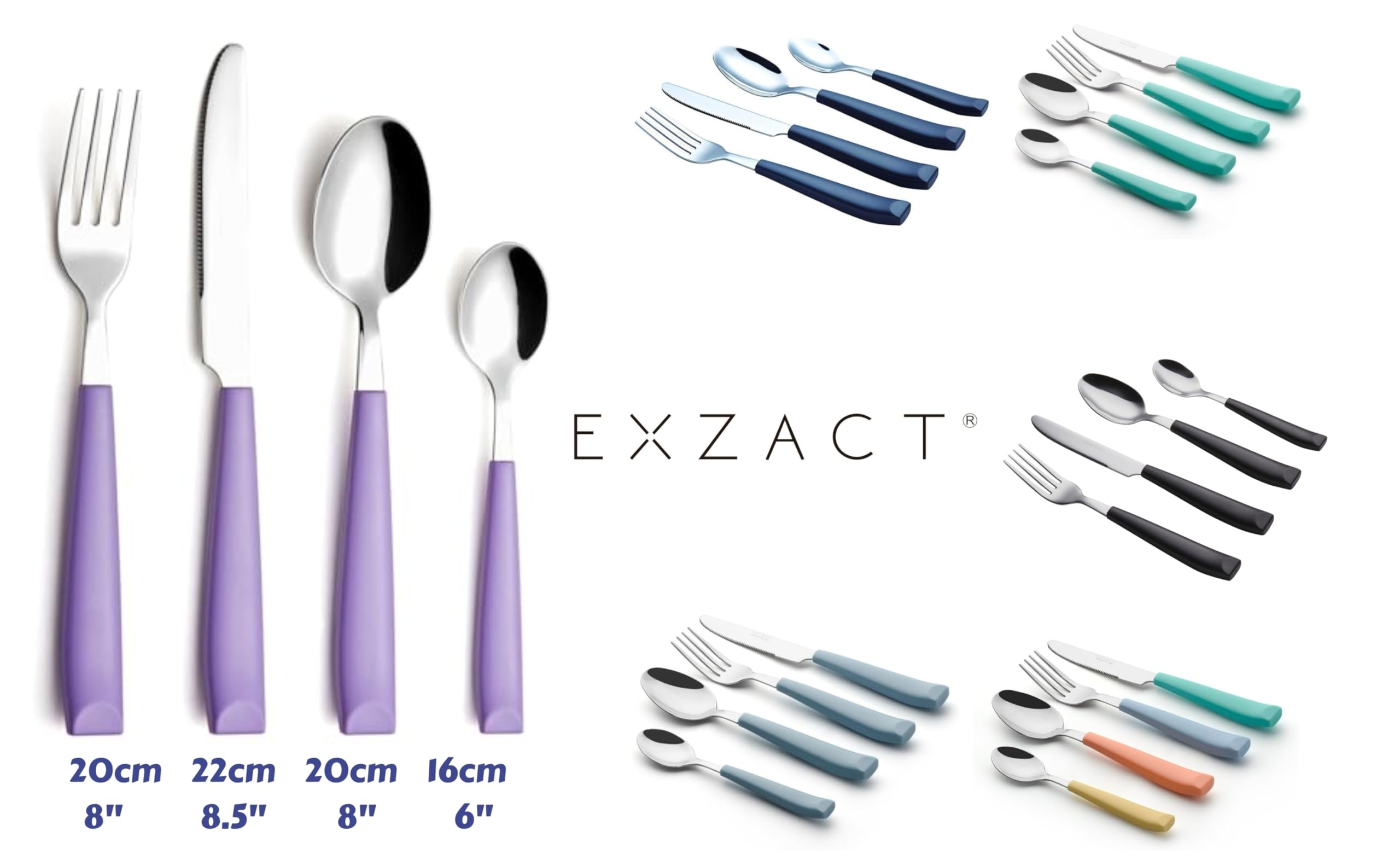 EXZACT Cutlery Set Coloured 16PCS - Stainless Steel with Plastic Wide Handles β Comfortable to Hold - 4 x Forks, 4 x Dinner Knives, 4 x Dinner Spoons, 4 x Teaspoons β Service for 4