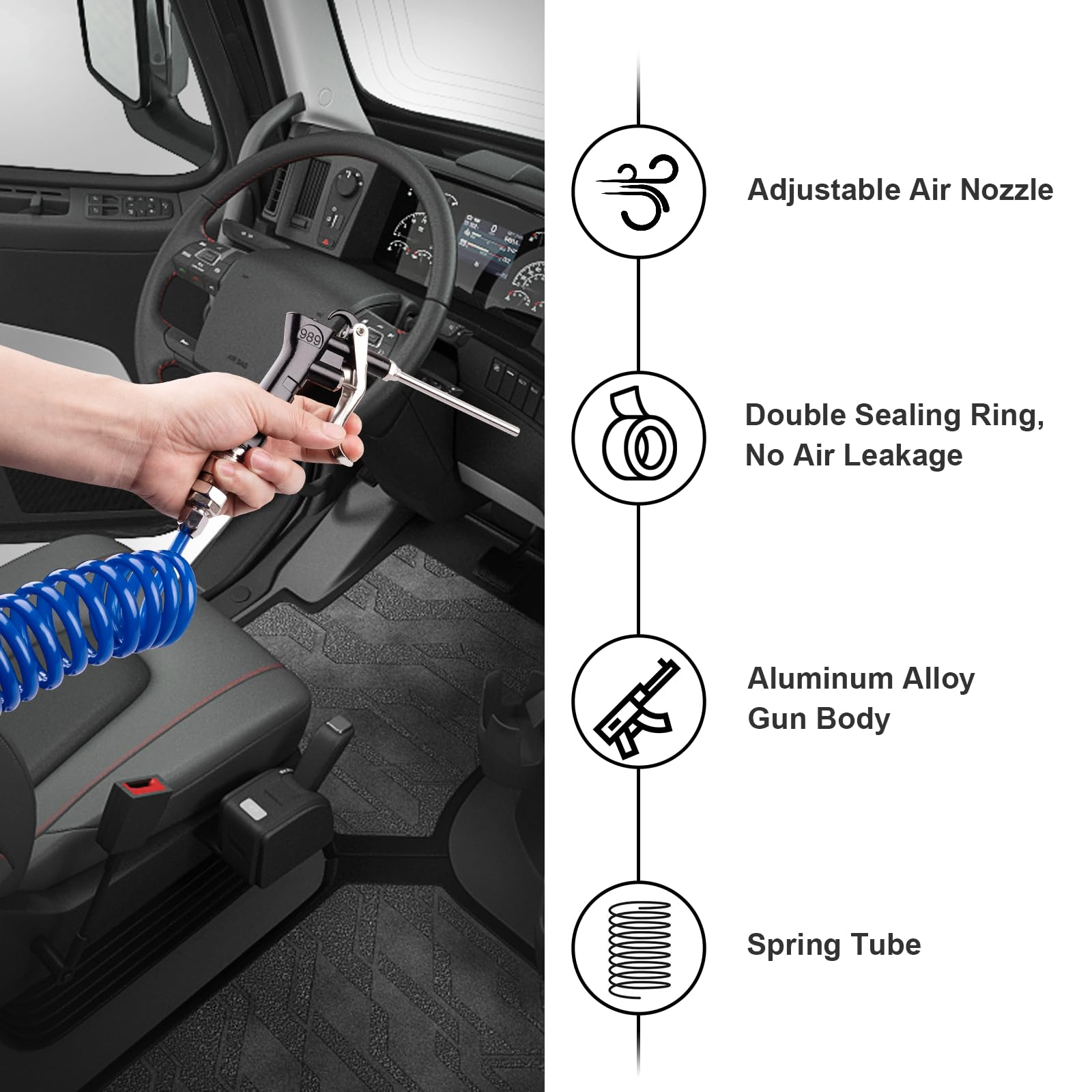 Blue Heavy Duty Truck Air Duster Blow Gun Cleaning with 23FT Meter Long Coil and Interchangeable Nozzle Tip, Air Seat Blow Gun Kit for Semi Truck Accessories