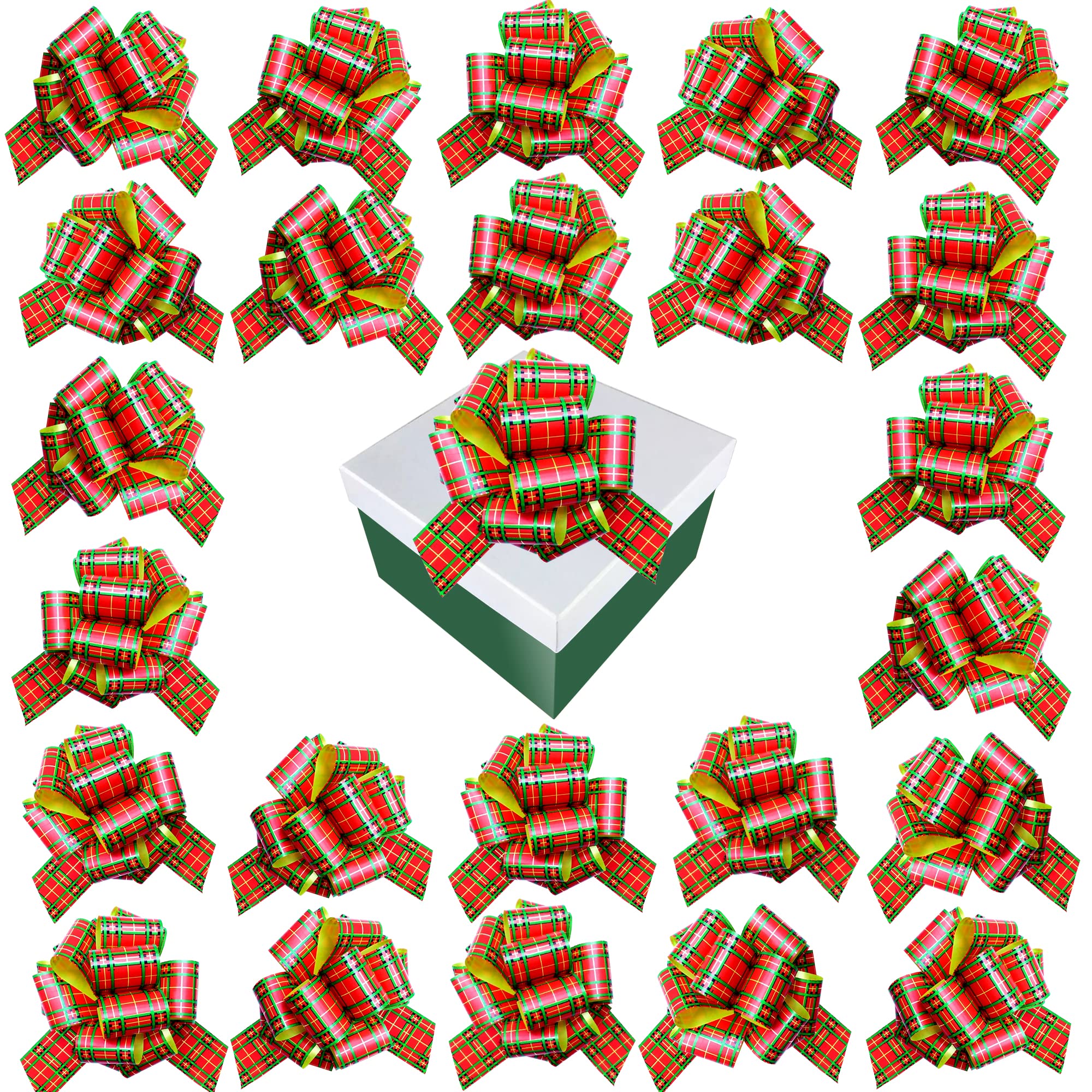 Eye-Catching Xmas Pull Bows for Easy Gift Wrapping with Ribbon - 5" Wide Wrap Bows for Christmas Tree Decoration, Holiday Décor, Present Wrapping, Baskets, Birthday, Easter - 12 Green & 12 Red Bows