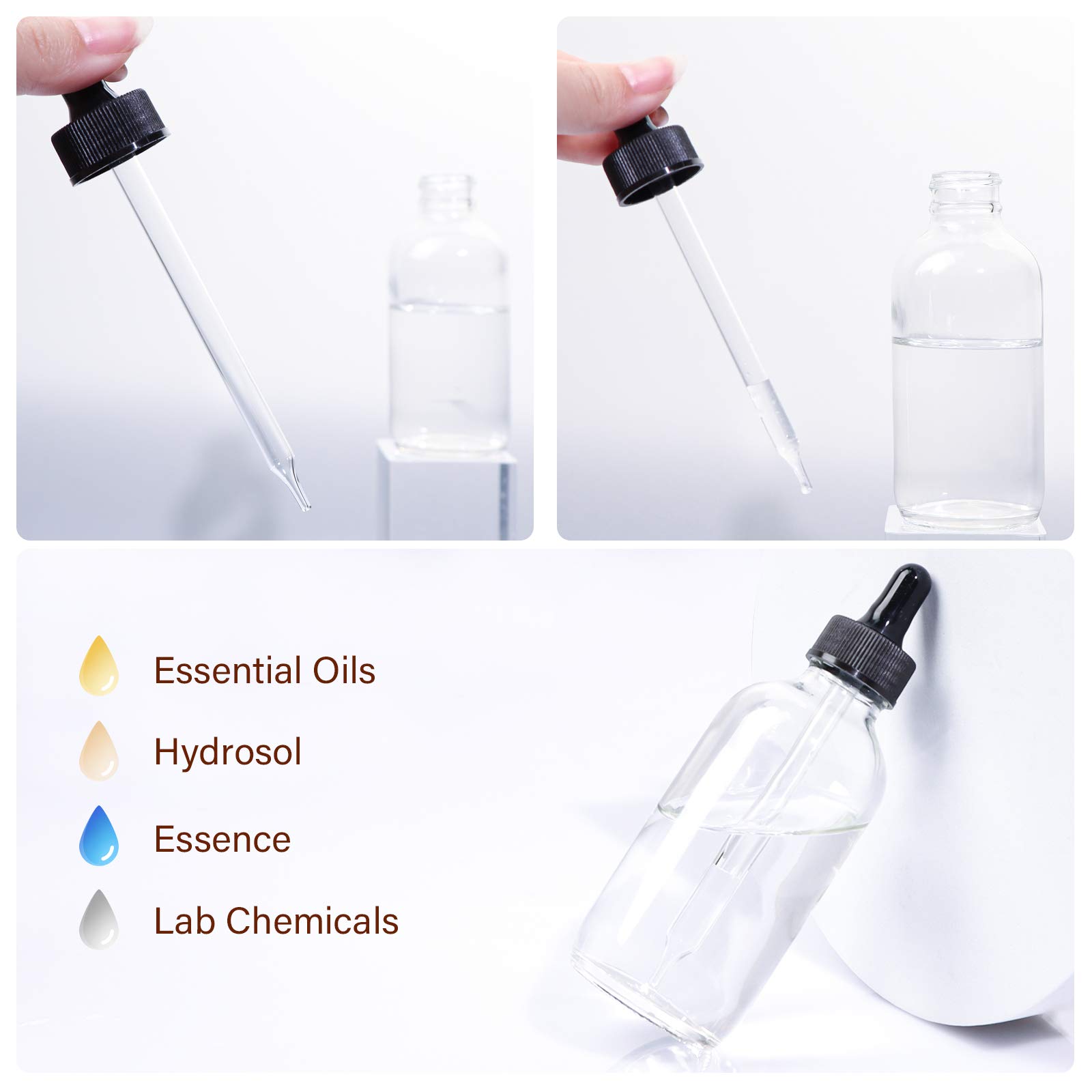 HWASHIN 12 Pack 4oz Clear Glass Bottles with Glass Eye Droppers for Essential Oils, Perfumes & Lab Chemicals (1 Brush, 2 Funnels, 2 Extra Droppers, 24 Pieces Labels & 30ml Measuring Cup Included)