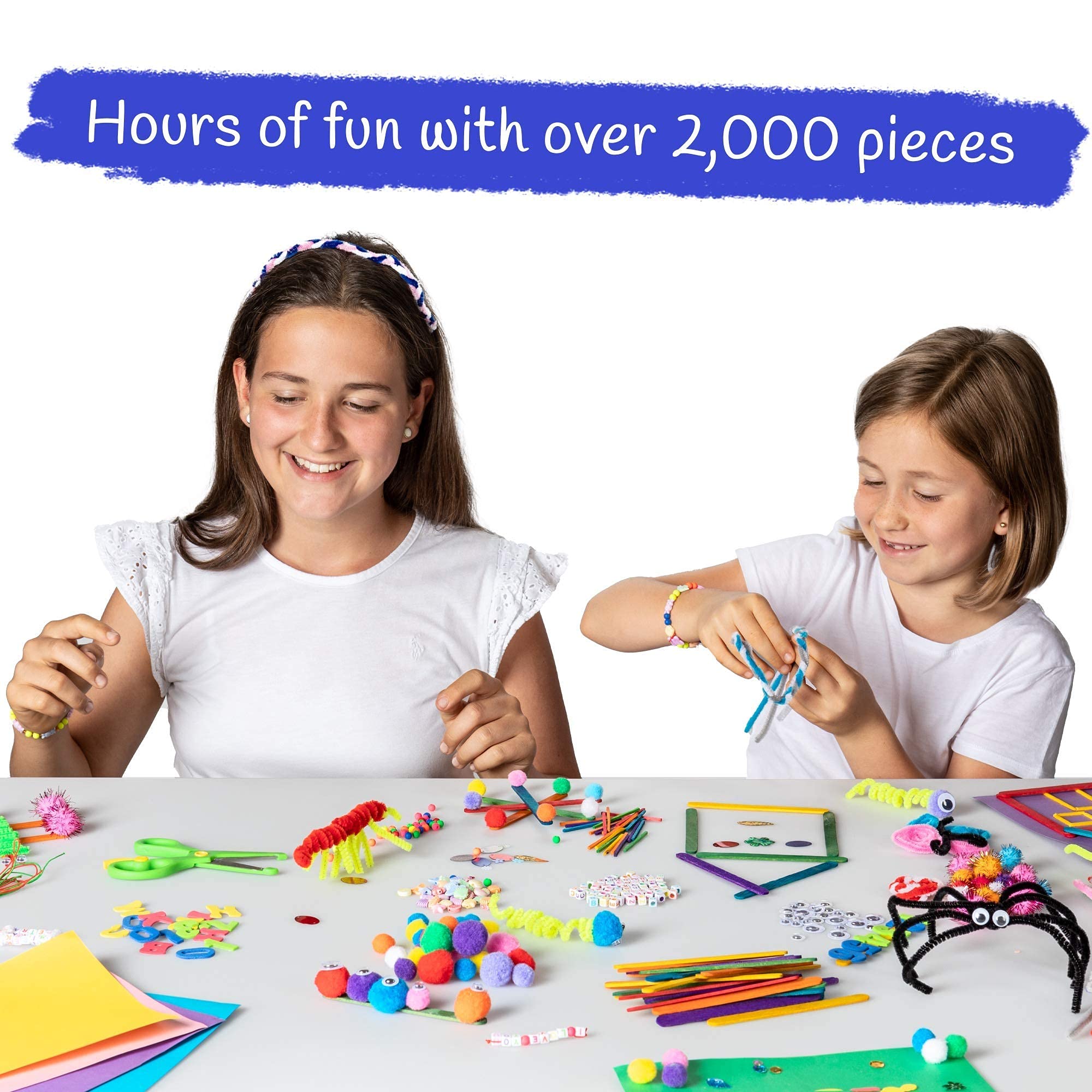 Jumbo Arts & Crafts Kit Box - 2,000+ Pieces Pompoms, Craft Sticks, Pipe Cleaners, Scissors, & More in Large Craft Box - Art Supplies Set for Adults & Kids Age 6,7,8,9,10,11,12 - Large Organizer Box