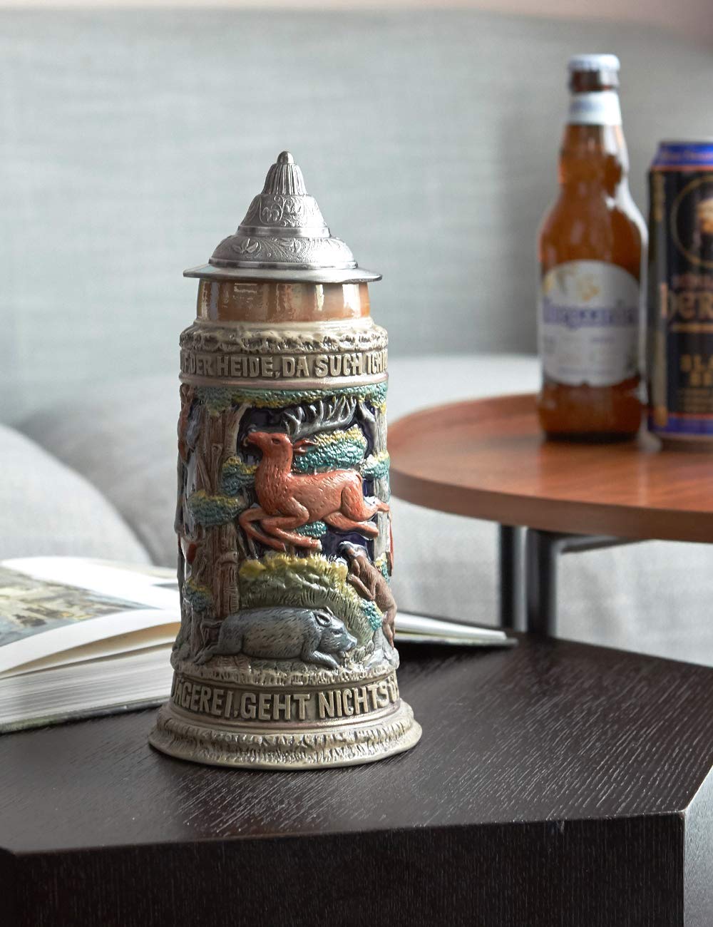 HAUCOZE Beer Stein Mug German Hunting Drinking Stanley Viking Tankard with Petwer Lid for Birthday Gifts Men Father Husband 0.6 Liter