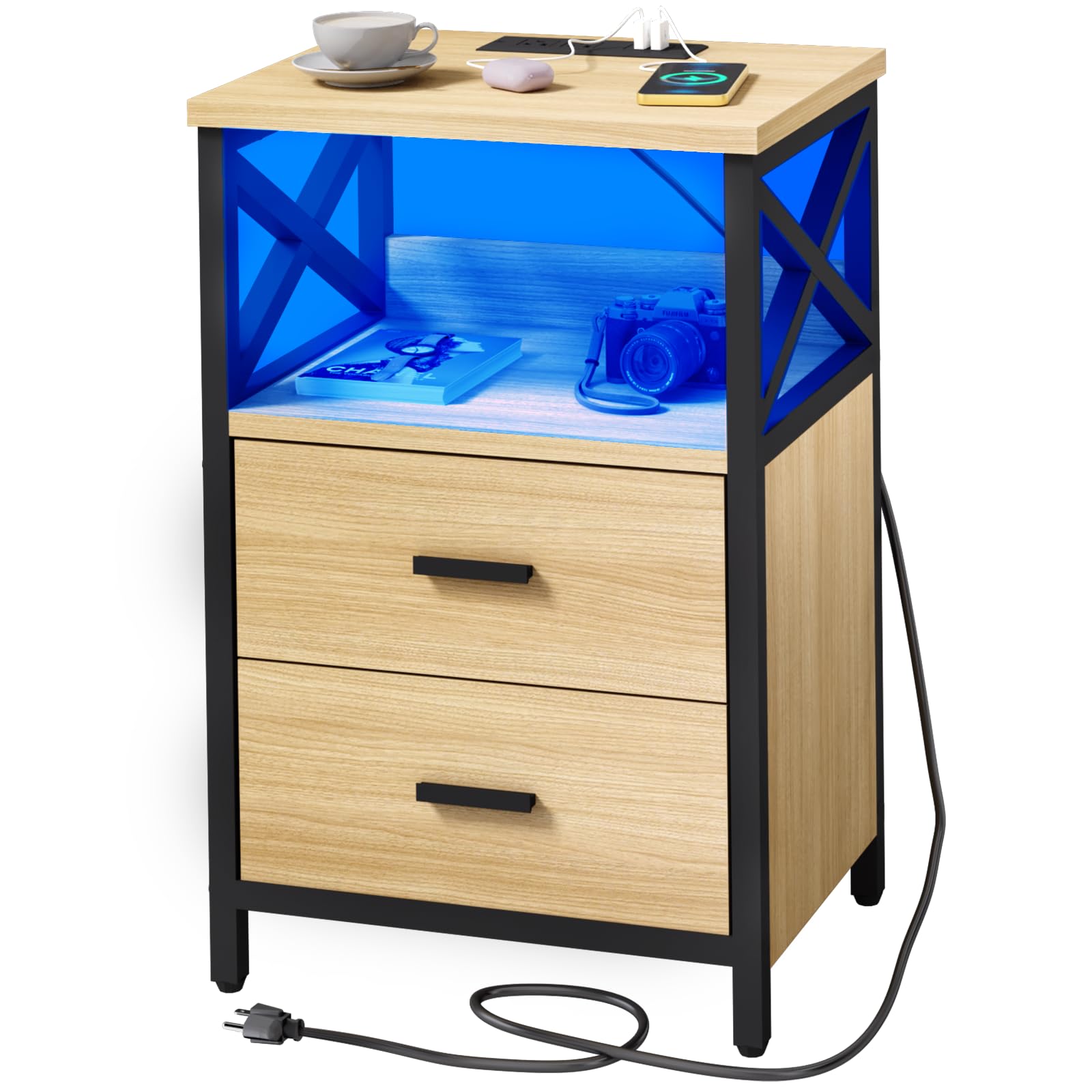 HDDDZSW LED Nightstand with Charging Station, Side Table with USB Ports and Outlets, End Table for Small Spaces, Log Colour Bedside Tables with Fabric-Wood 2-in-1 Drawer for Bedroom, Living Room