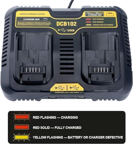 DCB102BP 2-Ports Battery Charger Replace for 12V/20V MAX Jobsite Charging Station DCB102 DCB101 DCB105 DCB112 DCB107 Lithium Battery DCB203 DCB204 DCB206 DCB606 Power Tools