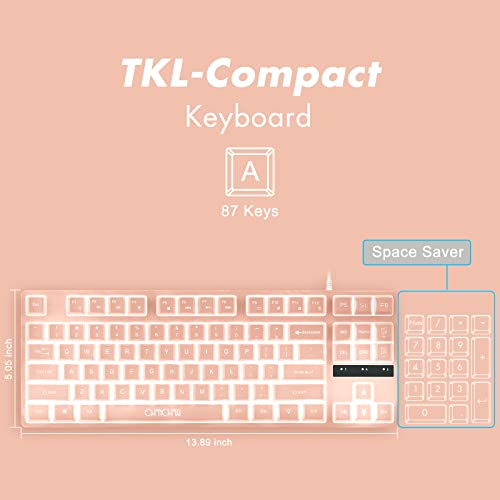 Gaming Keyboard and Mouse Pink Keyboard with White Backlit,CHONCHOW USB Wired 87key Gaming Keyboard Mini and Mouse 3600DPI,19 Keys No-Conflict, Illuminated Keys Compatible with PC/Ps4,Ps5/Xbox/Mac