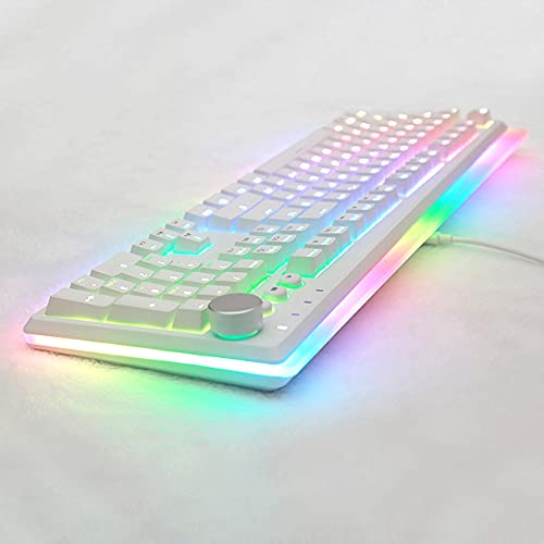 i-rocks K71M RGB Mechanical Gaming Keyboard with Media Control Knob, Gateron Switches (Brown), 107 Keys w/Full NKRO, PBT Keycaps, Multimedia Hotkeys, Detachable USB-C Cable and Onboard Storage, White
