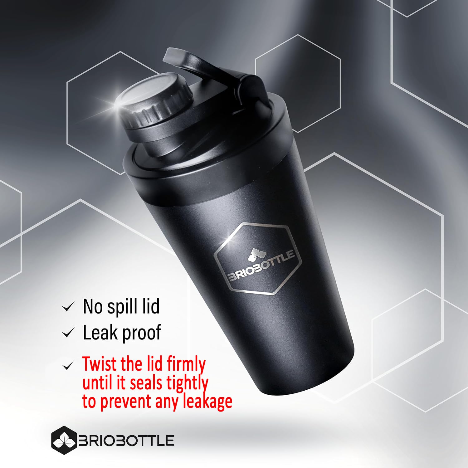BrioBottle ™ Stainless Steel Shaker Bottle - 24oz Insulated Protein Metal Cup - Reusable Odor Resistant Smoothie Shaker Bottle - Black Water Bottle