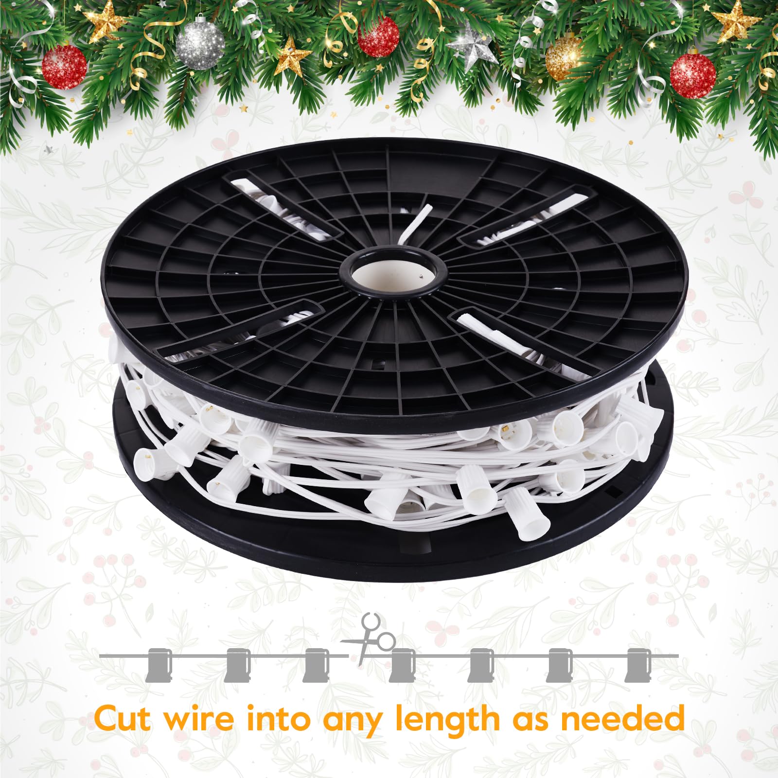 Brightown Commercial C9/E17 500' Christmas Light Sockets Set Spool, 12" Spacing White Wire, UL Listed