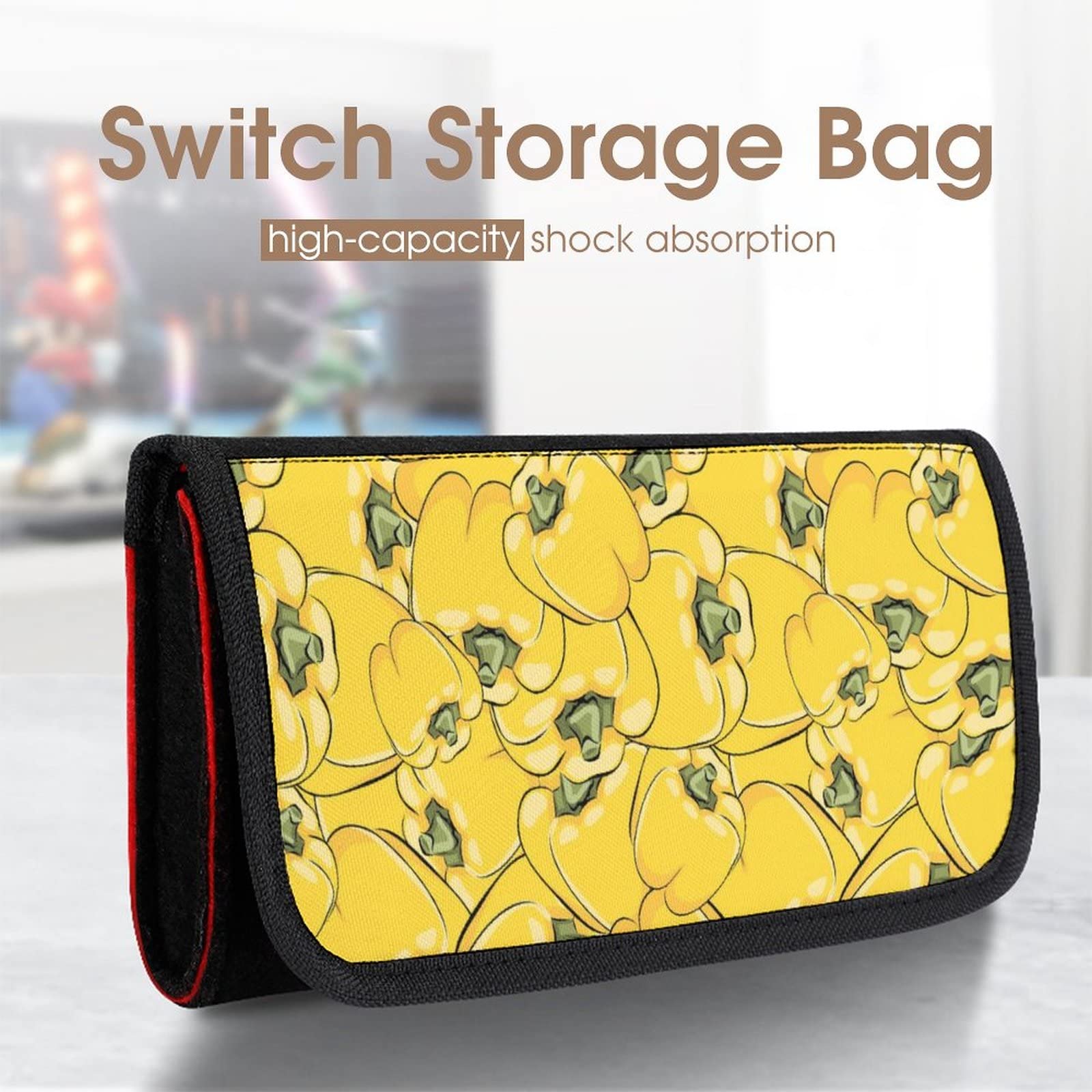 Capsicum Pattern Carrying Bag Compatible with Switch Protective Case Slim Felt Pouch with 5 Game Cartridges Holders