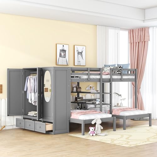 DEYOBED Full-Over-Twin-Twin Triple Bunk Bed with Large Wardrobe, Drawers and Shelves Storage, Wooden L-Shaped Bunk Beds with Mirror for Kids Teens Adults, Ideal Bedroom Furniture, Gray