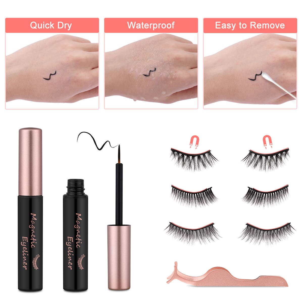 Brightup Magnetic Eyelashes with Eyeliner, 6 Pairs 3D Natural Look Reusable False Magnetic lashes, 2 Tubes Long Lasting Magnetic Eyeliner, Twinkle Mirror Box with Tweezers, Ideal For Gift