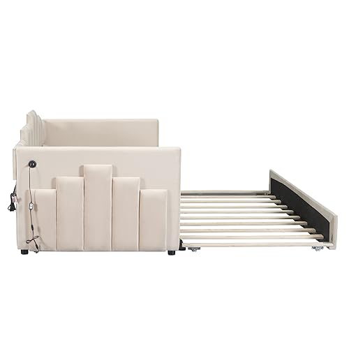 DEYOBED Twin Size Upholstered Daybed with Trundle, Light and 2 USB Ports, Twin Day Bed Sofa Bed Frame for Bedroom Living Room Guestroom, No Box Spring Needed, Beige