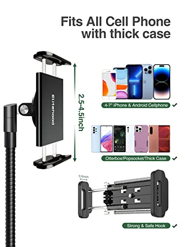 elitehood Aluminum Gooseneck Phone Holder for Bed [360° Swivel Tilt Rotation] - Long & Flexible Bed iPhone Holder, Overhead Cell Phone Mount Stand for Desk, Compatible with 4-7’’ Cellphone