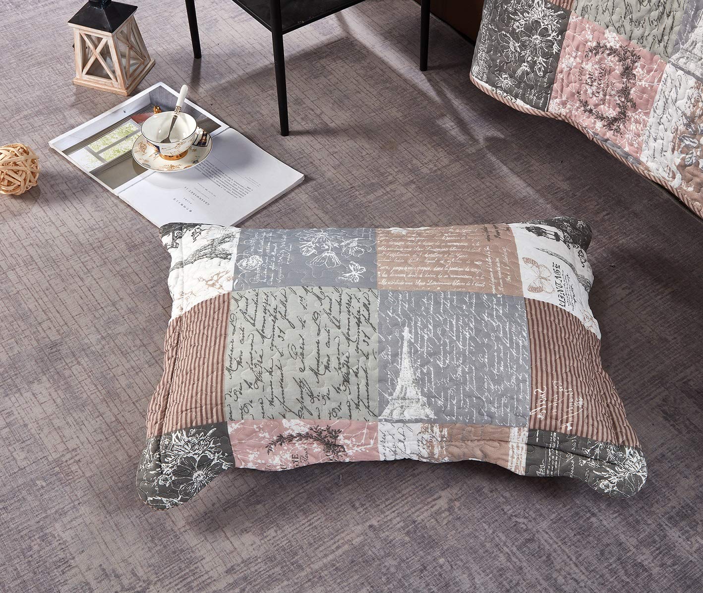 Brilliant Sunshine Latte Grey Paris and Toile Floral Patchwork, 2-Piece Quilt Set with 1 Sham, Reversible Bedspread, Soft Lightweight Coverlet, All-Season, Twin, Latte Grey