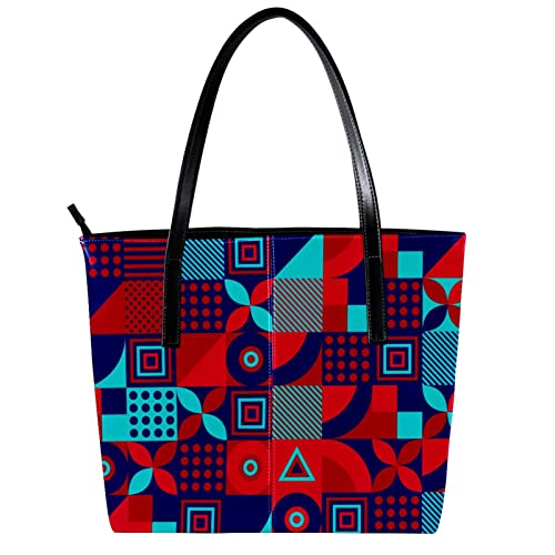 Colorful Geometric Tote Bag for Women Girls, Leather Shoulder Bag with Inside Pockets, Zip Top Handbags