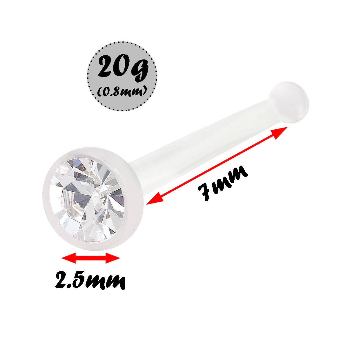 bodyjewellery 3Pcs 20g 0.8mm Nose Stud Bone Straight Bar Nostril Ring Clear Bioflex Flexible 2.5mm Clear Crystal Pick Color