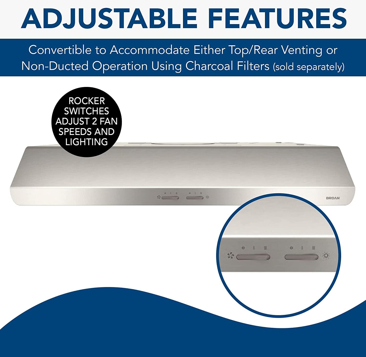 Broan-NuTone BKSH130SS Sahale 30-inch Under-Cabinet Easy Install 4-Way Convertible Range Hood with 2-Speed Exhaust Fan and Light, 300 Max Blower CFM, Stainless Steel